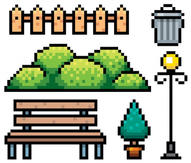 Pixelated Park Scene with Benches, Lamps, and Bushes | Jiffy Designs