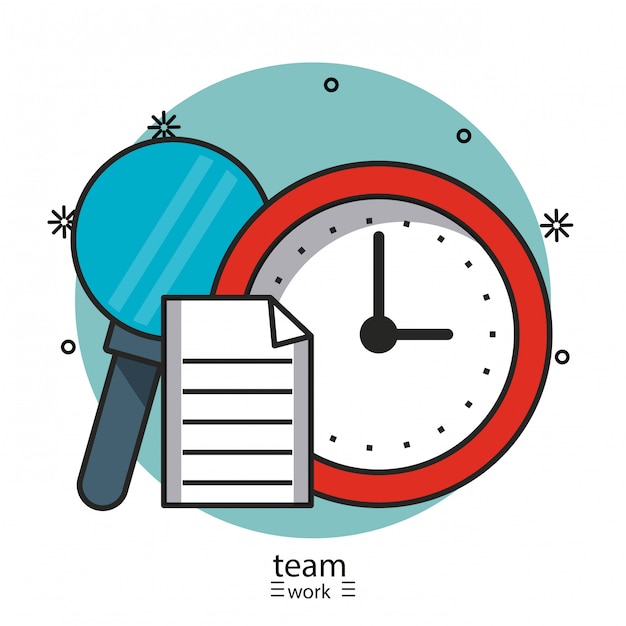 Teamwork Concept with Clock, Document and Magnifying Glass Icons ...