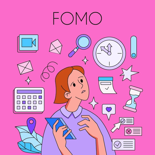 Vibrant Illustration of FOMO Concept with Diverse Icons | Jiffy Designs