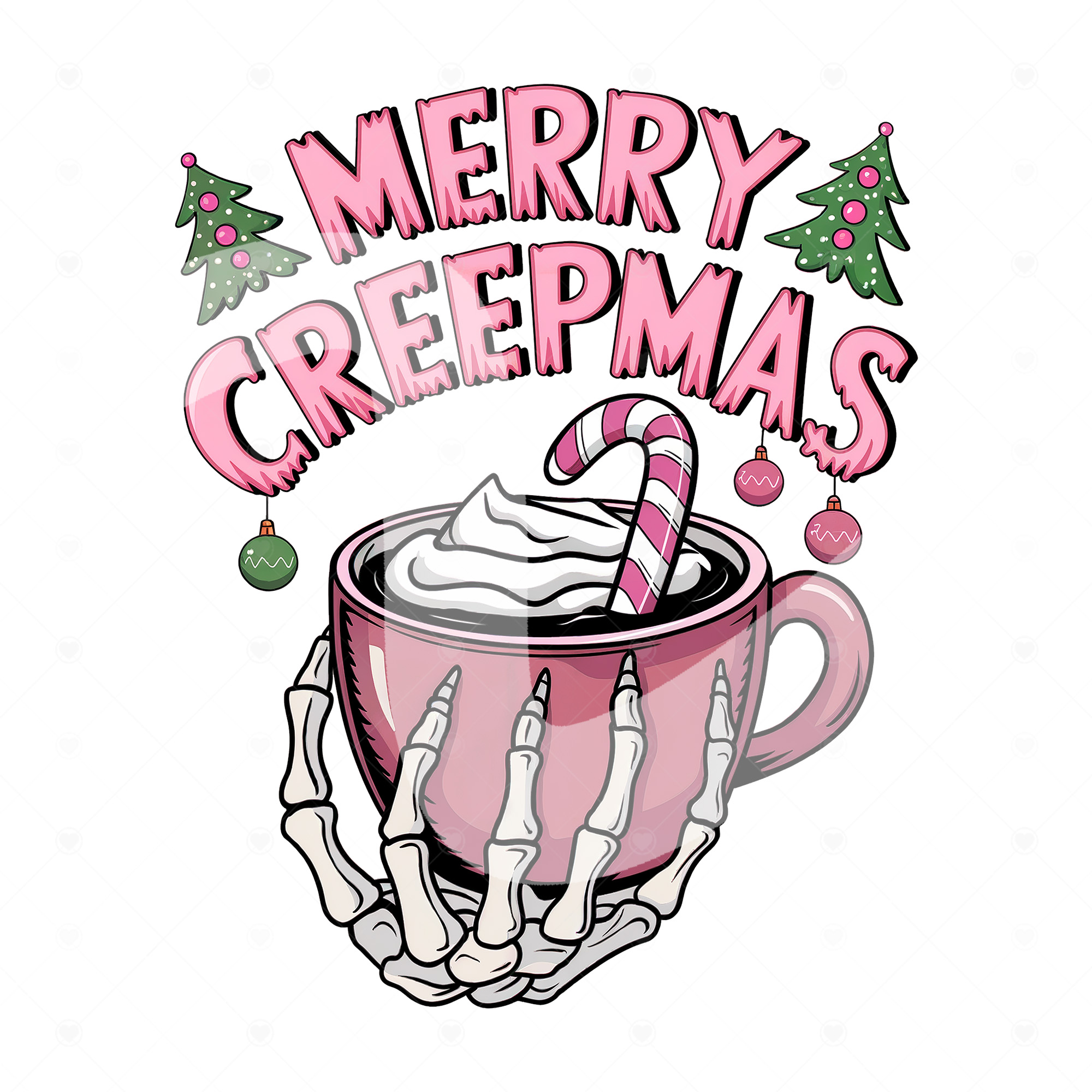 'Merry Creepmas' Festive Skeleton Hand Holding Hot Cocoa with Christmas ...