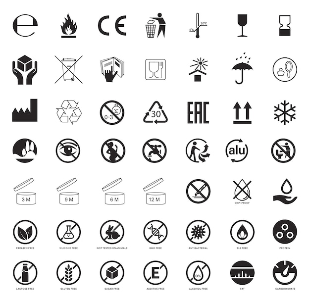 Diverse Symbols and Icons for Packaging, Safety, and Regulations ...