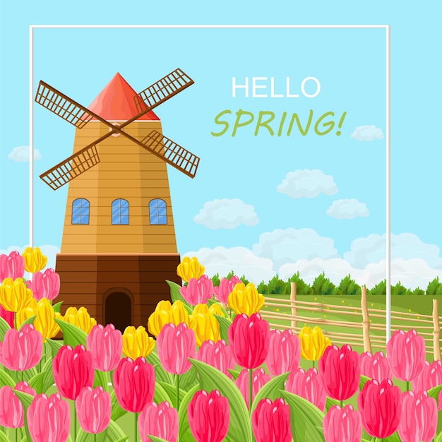 Vibrant Spring Landscape with Windmill and Tulip Field | Jiffy Designs