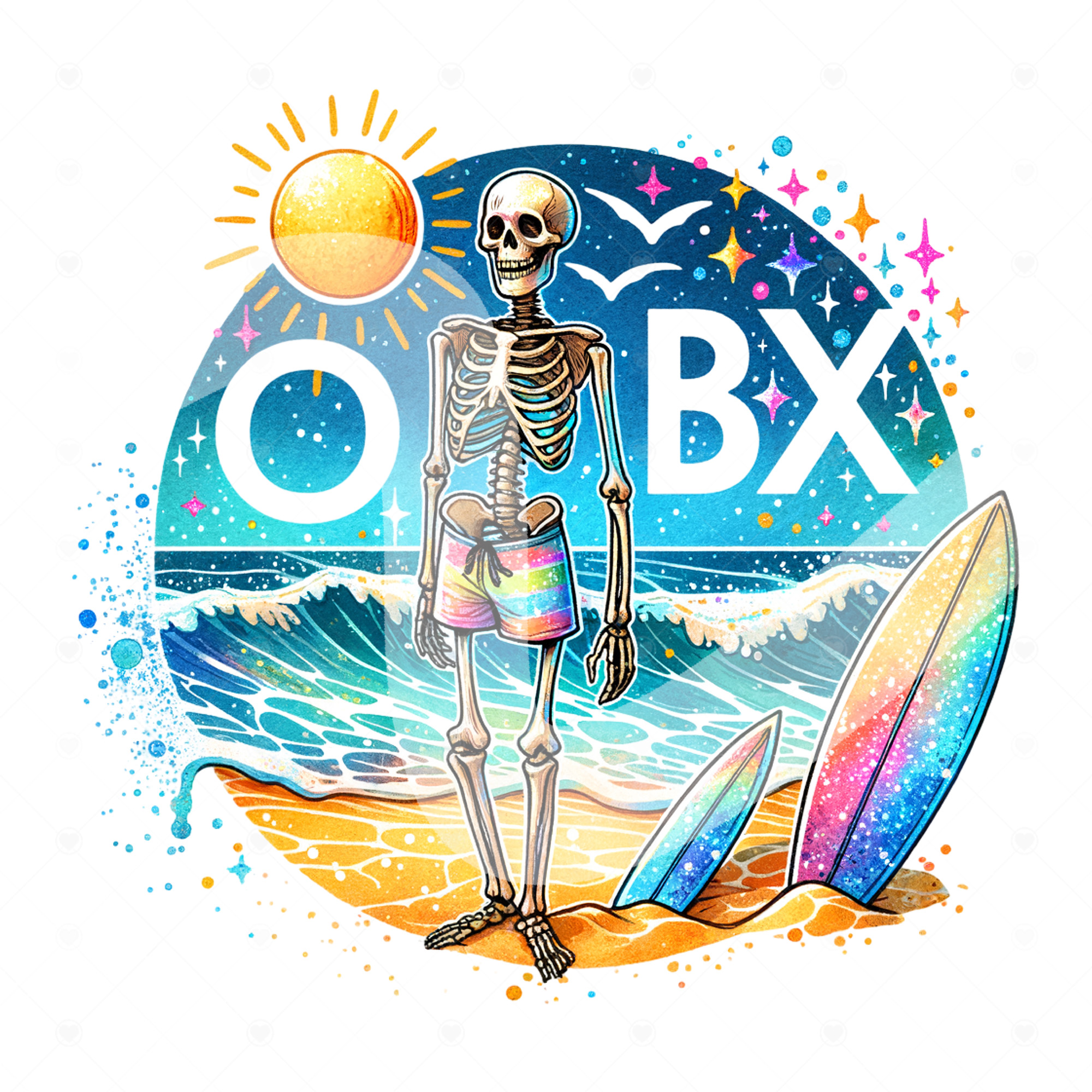 'OBX' Skeleton Surfer in Vibrant Beach Scene with Colorful Elements ...