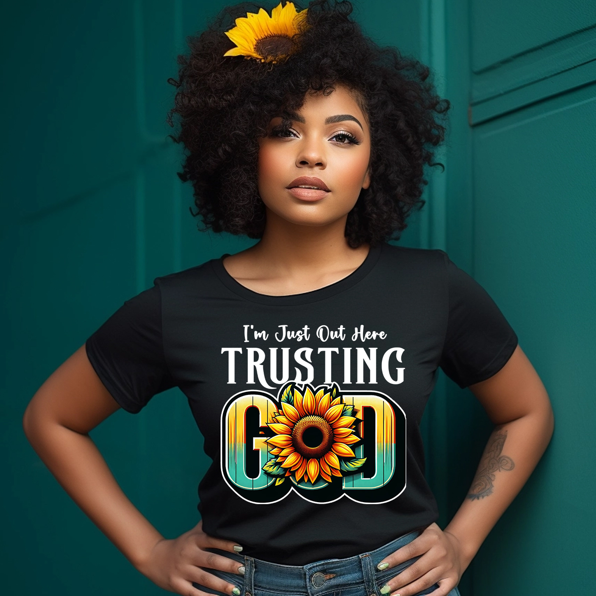 'Trusting God' Vibrant Sunflower Design with Retro-Inspired Typography ...