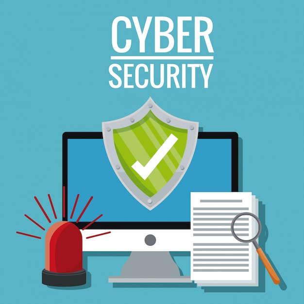 Cyber Security Illustration with Shield, Laptop, and Alert Symbols ...