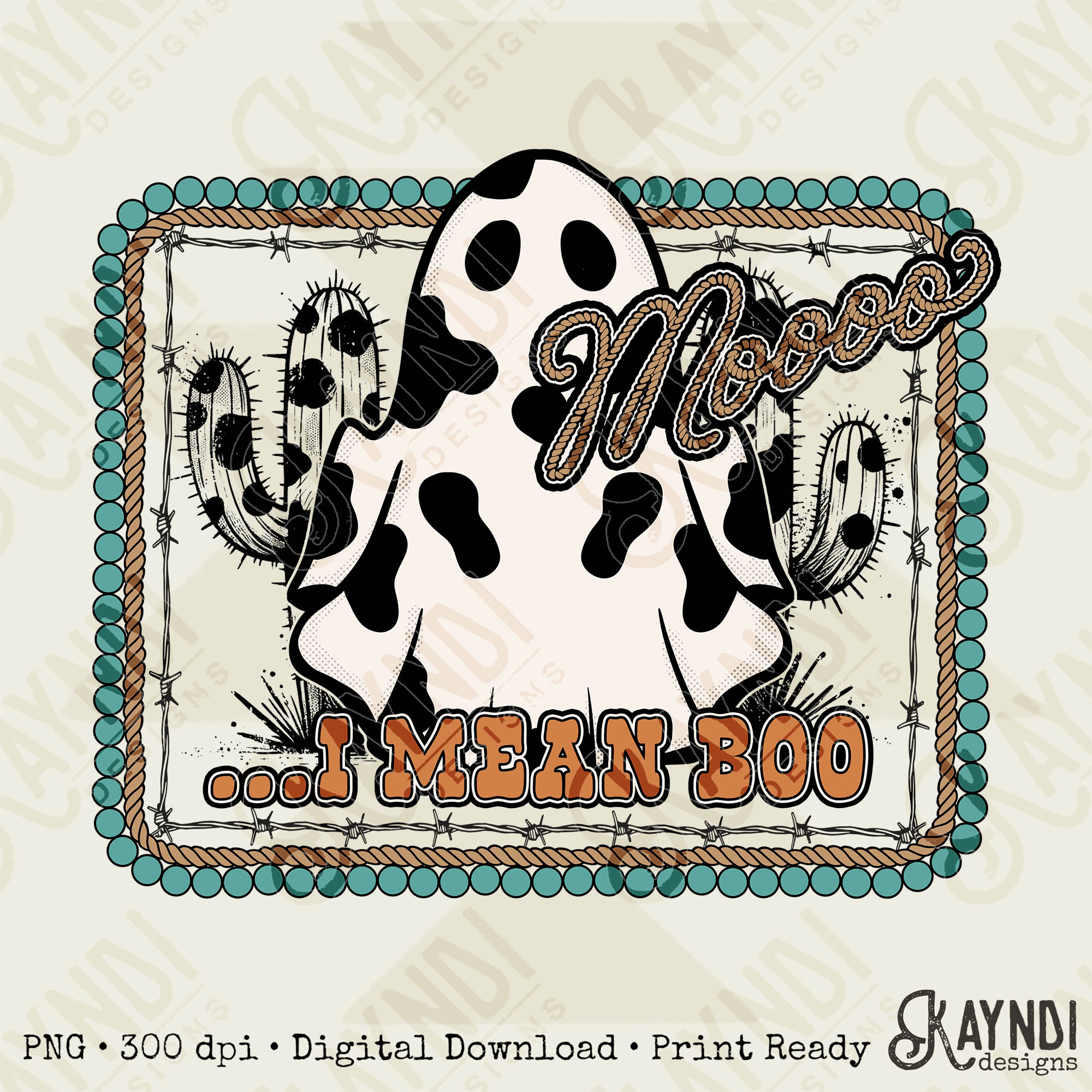'Moooo' and 'Mean Boo' Cow Ghost with Cactus Border | Jiffy Designs