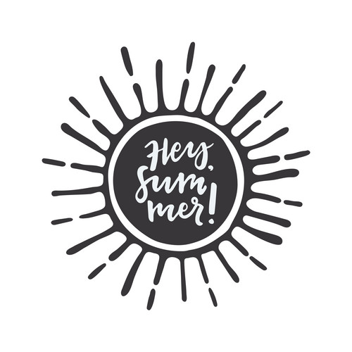 Hey Summer Lettering. Poster With Sun On White Background. Black And ...