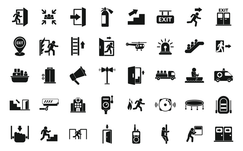 Human Evacuation Icons Set Simple Vector. Emergency Exit. Escape Door ...