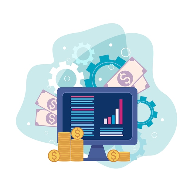 Digital Finance Analytics Illustration with Gears and Money Icons ...