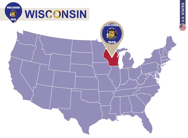 Vibrant Wisconsin state map with flag and seal icons | Jiffy Designs
