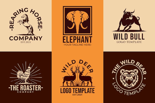 Vibrant Animal Logos: Rearing Horse, Majestic Elephant, and Fierce Wild ...