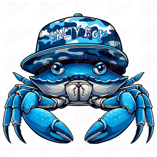 'Salty Boy' Blue Crab Character Wearing Camouflage Cap with Expressive ...