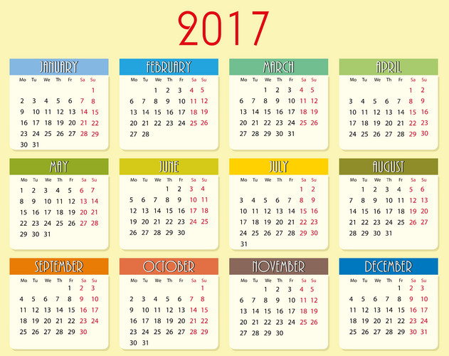 Simple Calendar Of 2017 Year. Week Starts With Monday | Jiffy Designs
