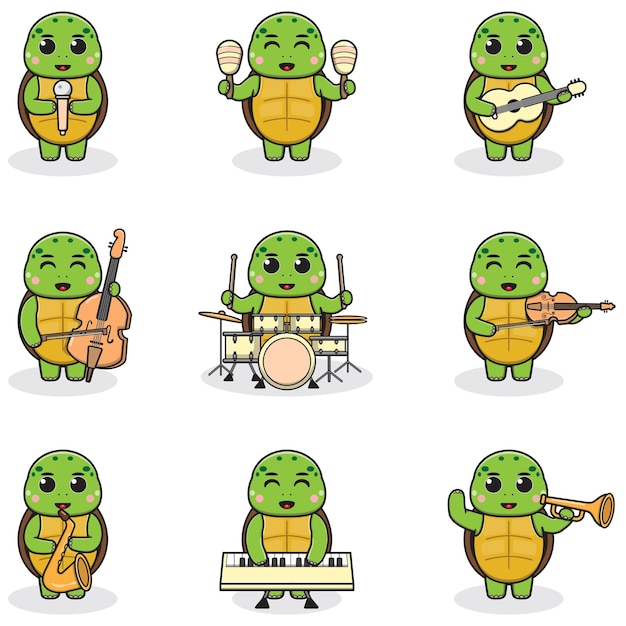 Adorable Turtle Characters in Diverse Musical Poses | Jiffy Designs