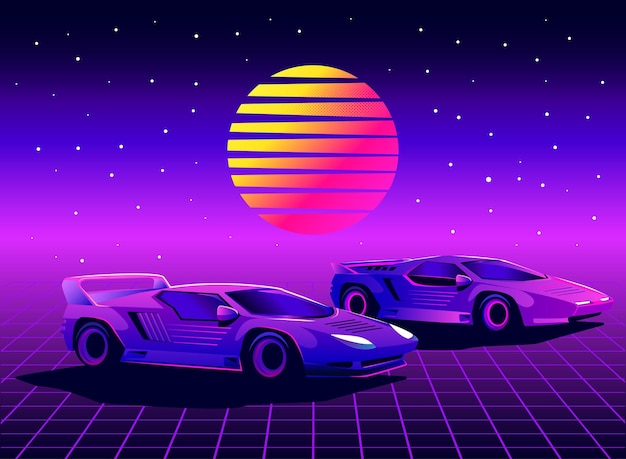 Retro Futuristic Sports Cars Glide Through a Neon-Lit Landscape | Jiffy ...