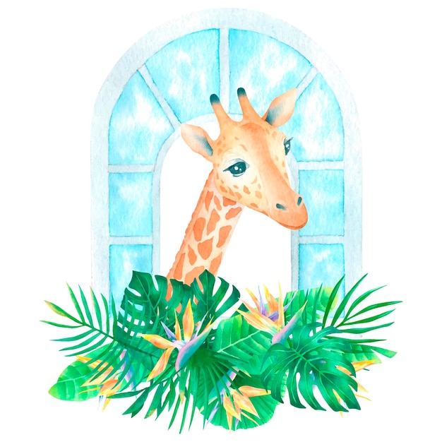 Giraffe Peeking Through Tropical Window with Lush Foliage | Jiffy Designs