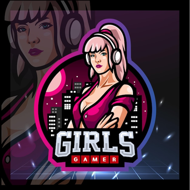 Vibrant Gamer Girl Emblem with Futuristic Cityscape | Jiffy Designs