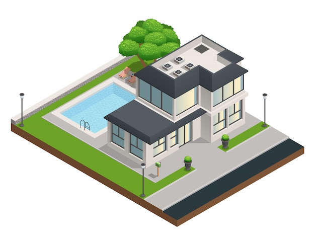Isometric Modern House with Pool and Landscaped Yard | Jiffy Designs