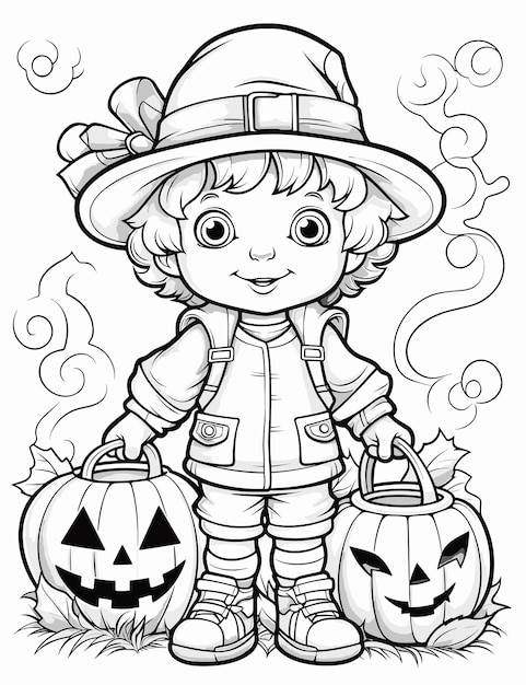 Child in Costume with Pumpkins Halloween Coloring Page | Jiffy Designs