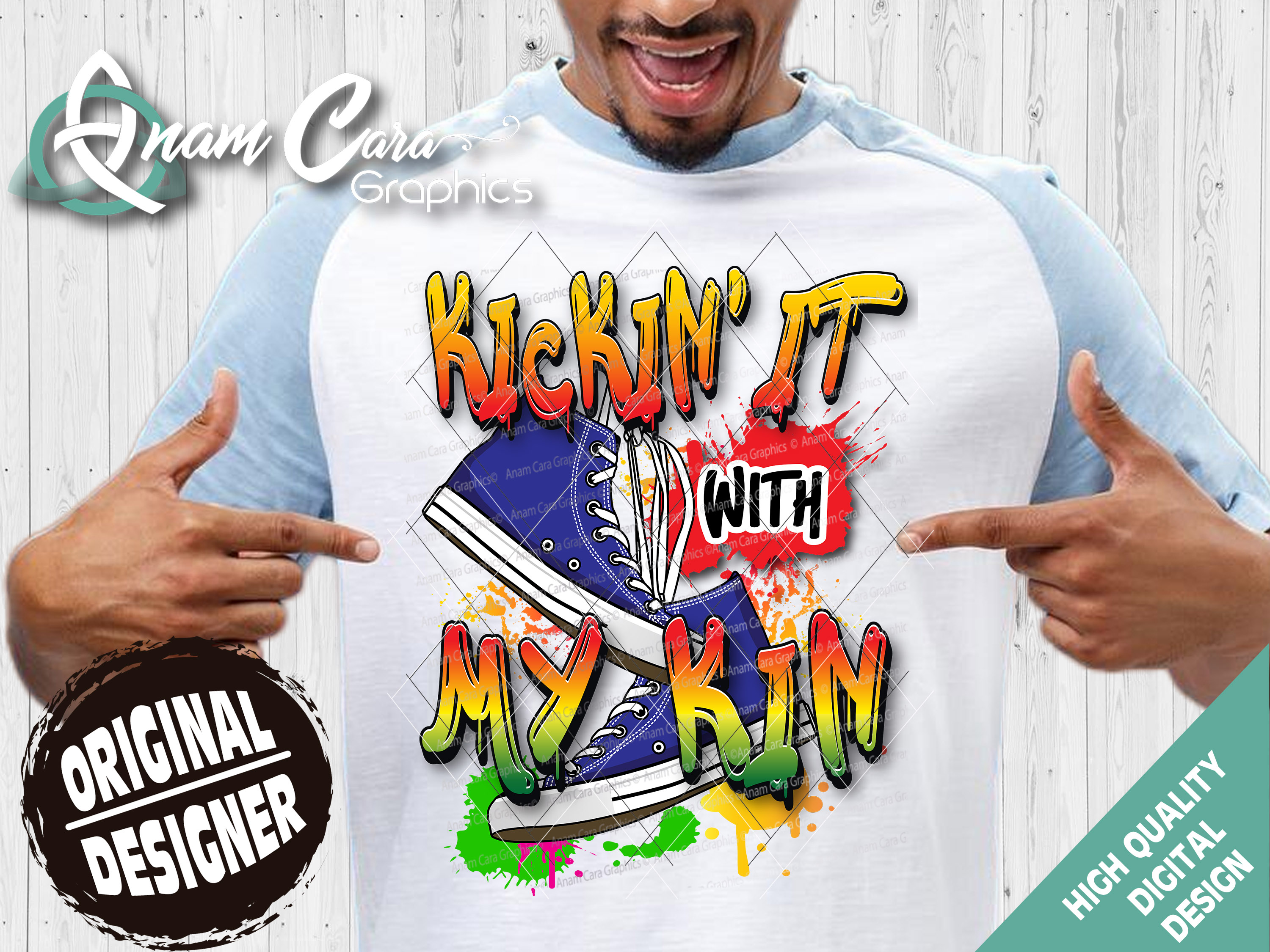 'Kickin' It With My Kin' w Royal Blue Hi Top Sneakers Vibrant Graffiti ...