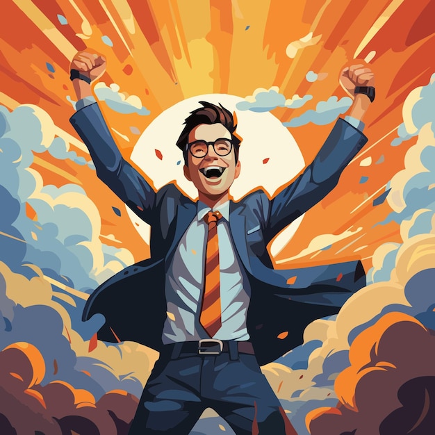 Triumphant Businessman Celebrating Success in Vibrant Illustration ...
