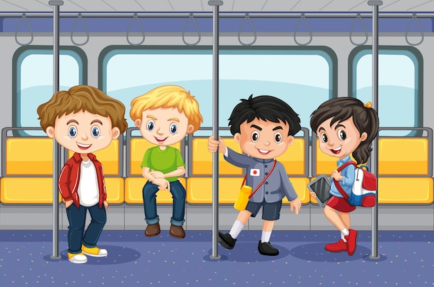 Cheerful Children Riding on a Colorful Subway Train | Jiffy Designs