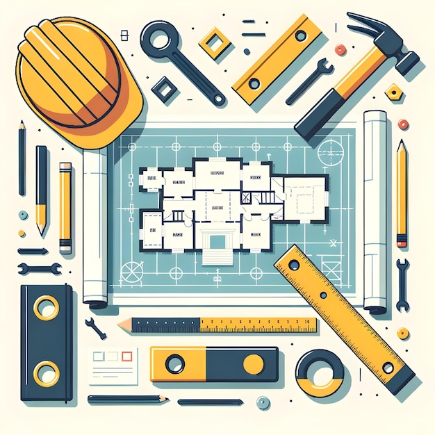 Vibrant Construction Blueprint with Essential Tools and Gear | Jiffy ...