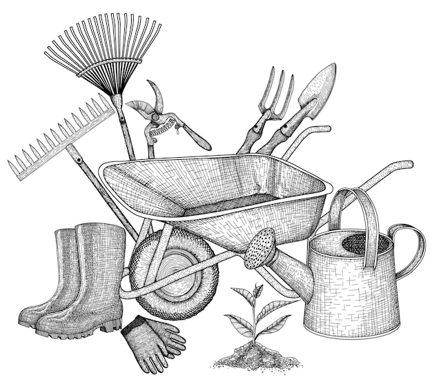 Vintage Garden Tools Sketch with Wheelbarrow and Rake | Jiffy Designs