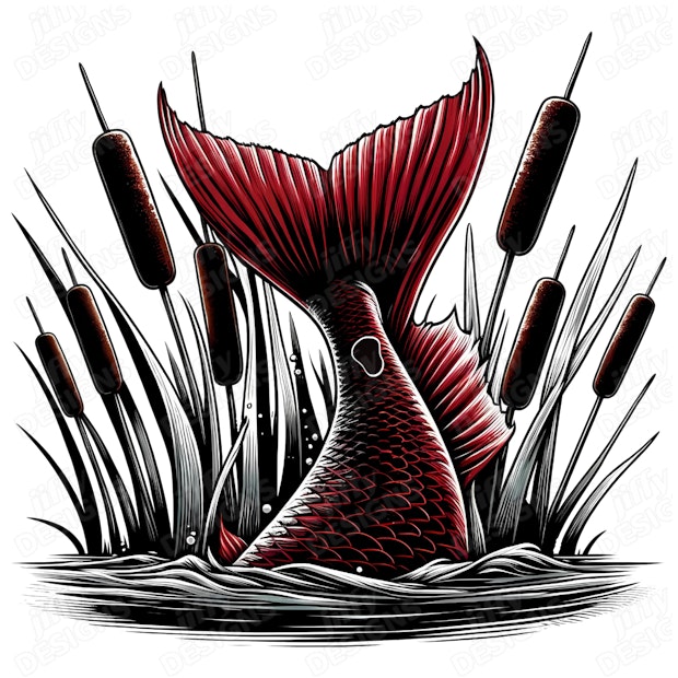 Crimson Fish Tail Emerging from Rippling Waters Amidst Cattails | Jiffy ...