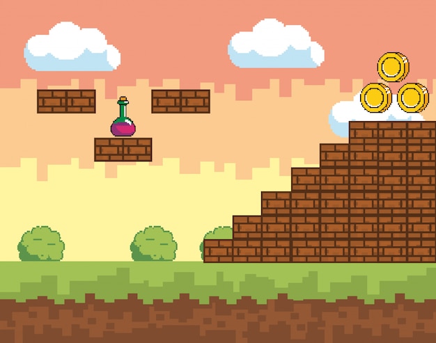 Retro Platformer Scene with Coins and Potion Bottle | Jiffy Designs