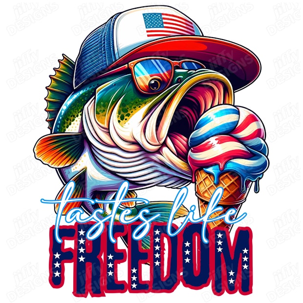 'Taste of Freedom' Patriotic Bass Fish in Vibrant Colorful Cartoon ...