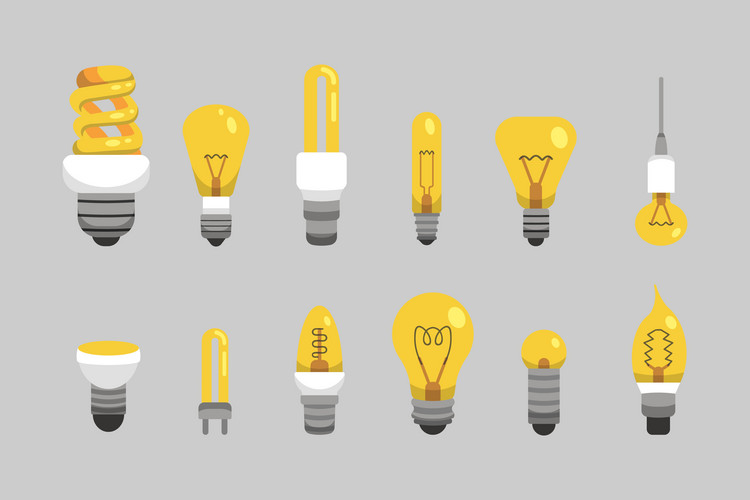 Light Bulb And Lamp Set In Cartoon Style. Main Electric Lighting Types ...