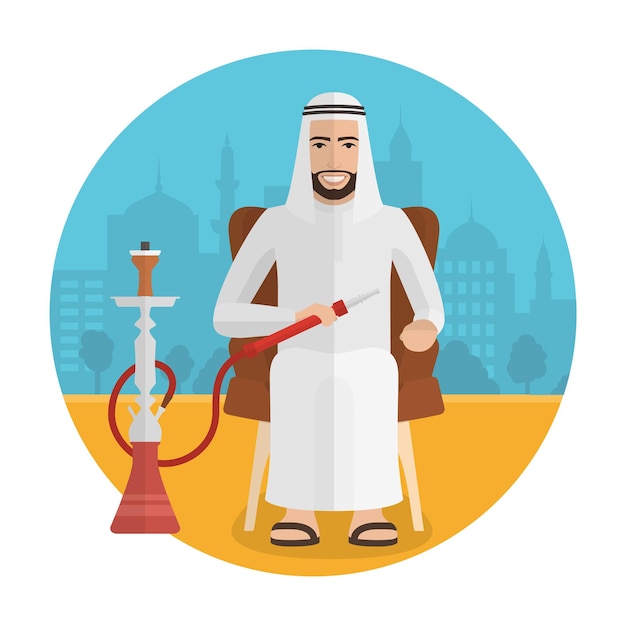 Smiling Arabian Man Enjoying Hookah in Desert Oasis | Jiffy Designs