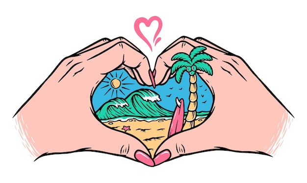 Hands Framing Tropical Beach Scene with Heart | Jiffy Designs