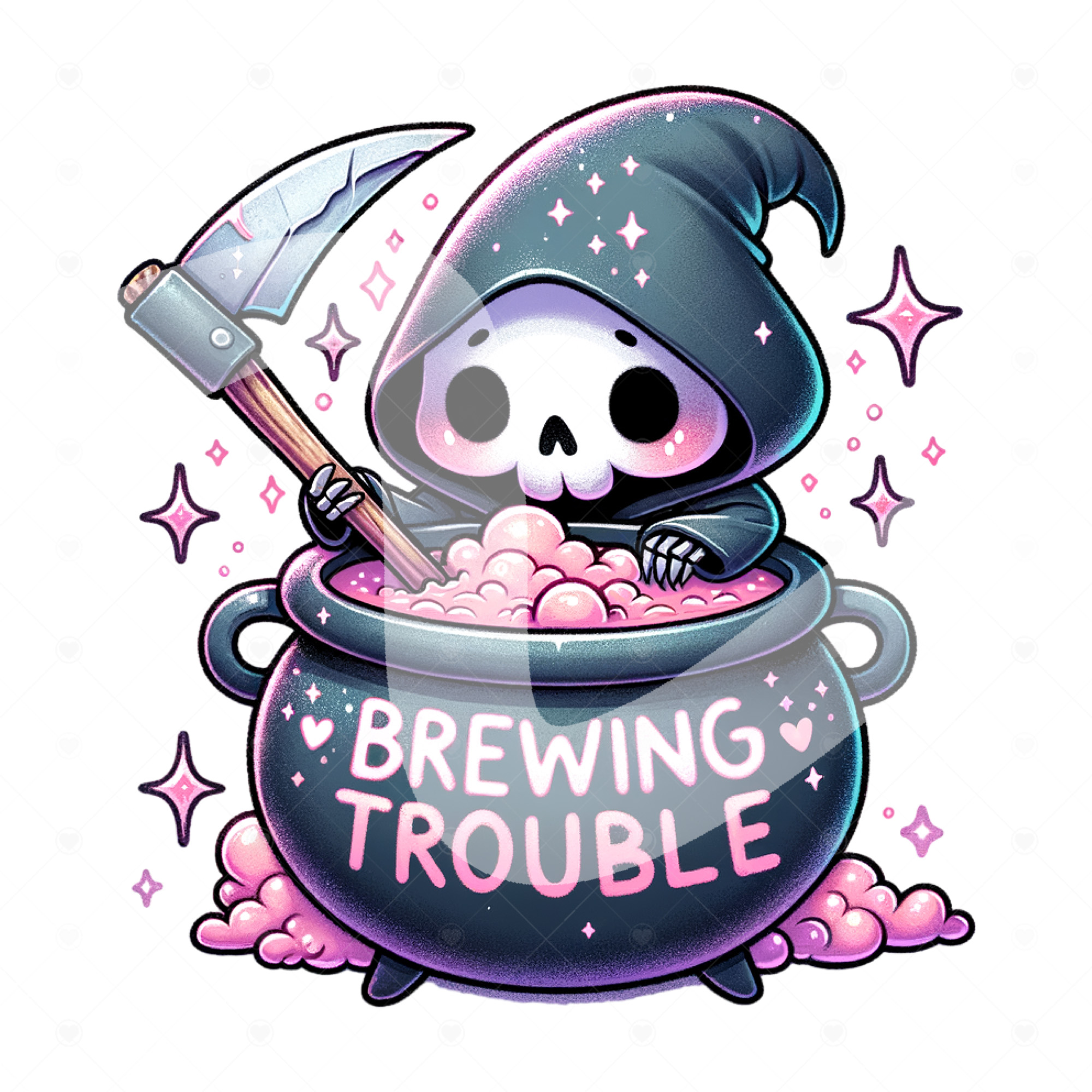 'Brewing Trouble' Cute Grim Reaper Stirring Magical Potion in Cauldron ...
