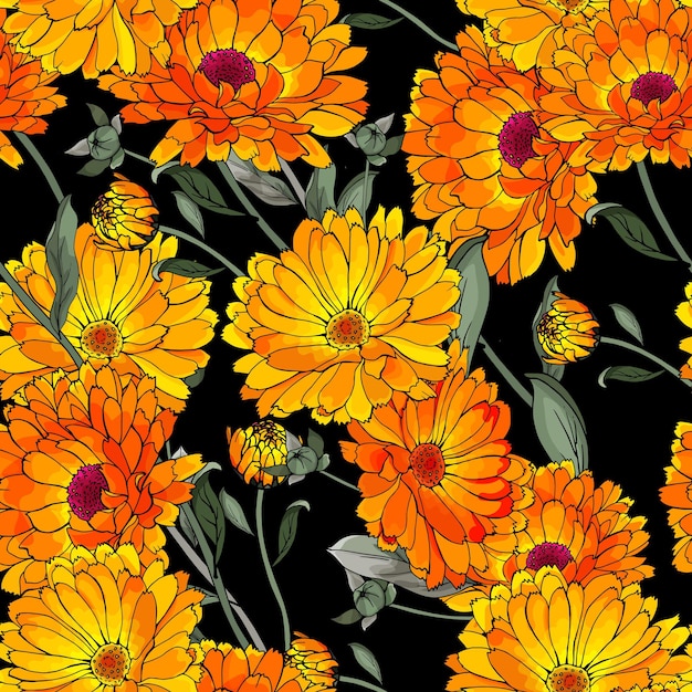 Vibrant Gerbera Daisy Floral Pattern on Black Background | Jiffy Designs