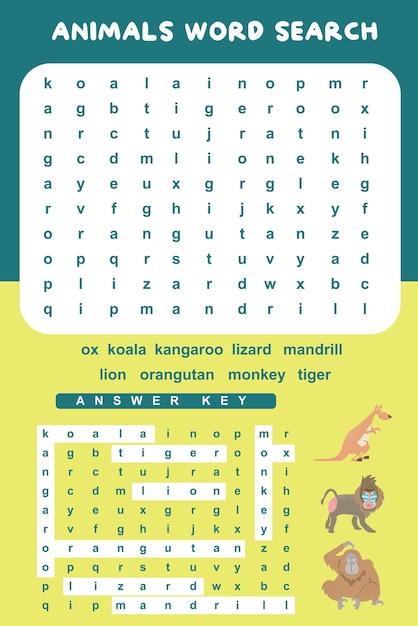 Engaging Animals Word Search Puzzle with Key | Jiffy Designs