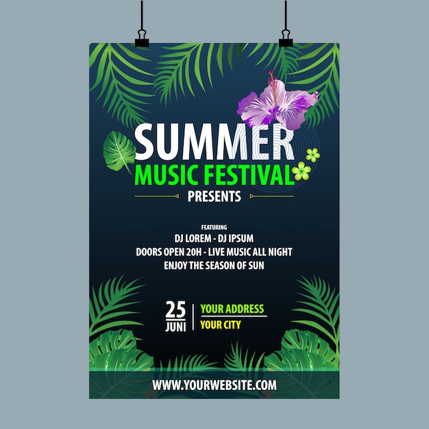 Summer Music Festival Poster with Tropical Palm Leaves Design | Jiffy ...