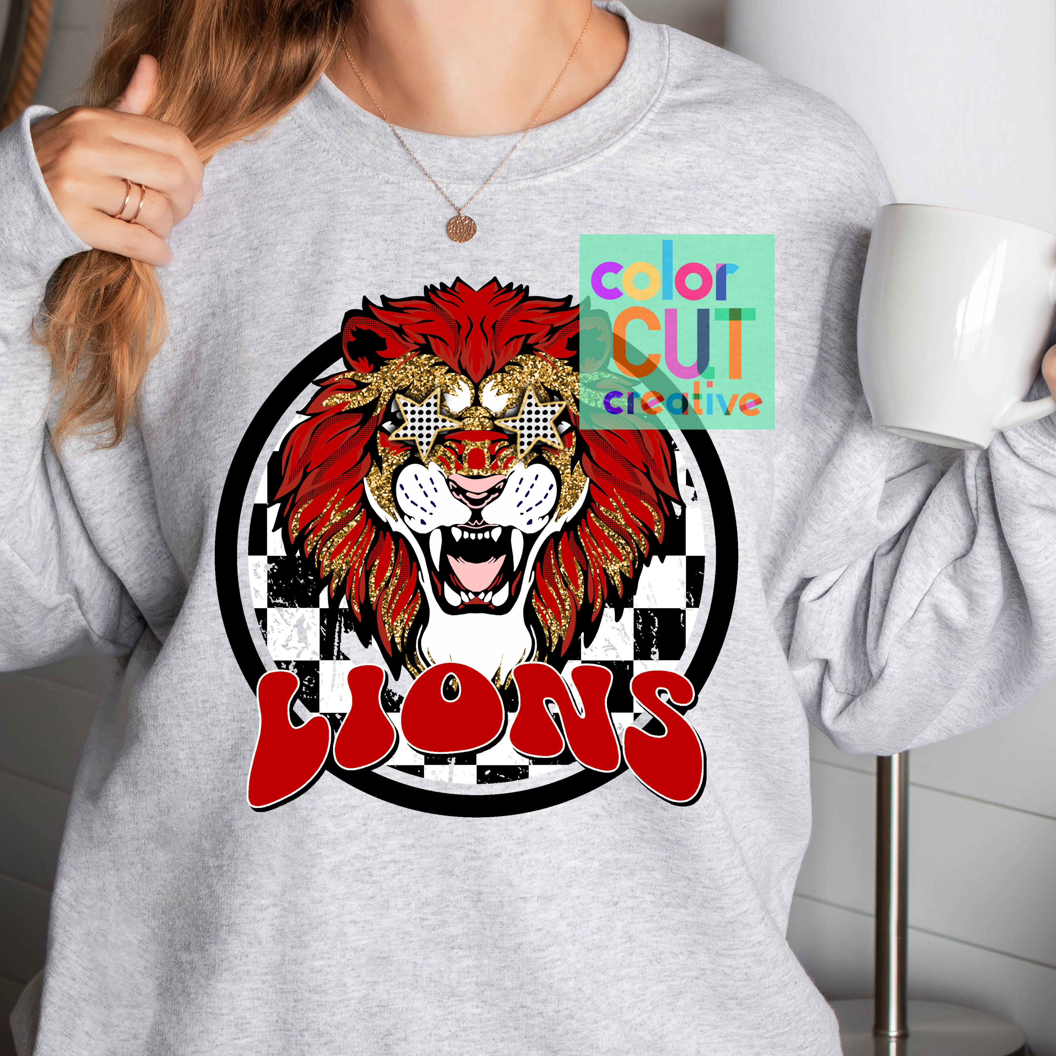 'Lions' Fierce Roaring Lion Head with Checkered Racing Background ...
