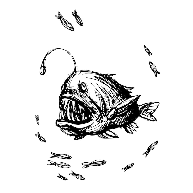 Menacing Deep-Sea Angler Fish Surrounded by Swirling Prey | Jiffy Designs