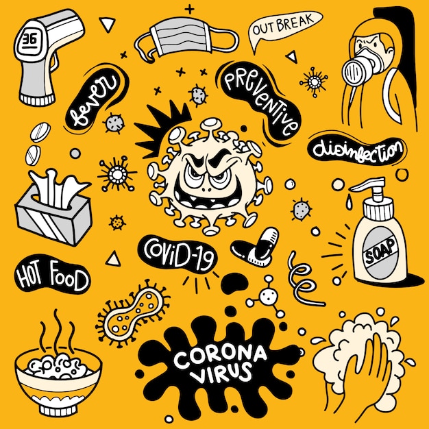 Vibrant Doodle Illustration of COVID-19 Pandemic Symbols | Jiffy Designs