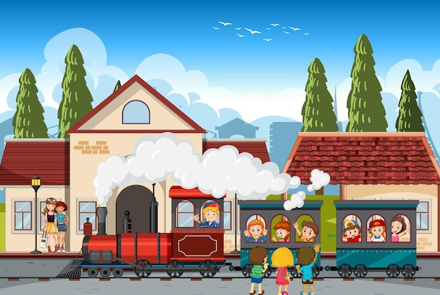 Charming Village Scene with Whimsical Train and Delighted Children ...