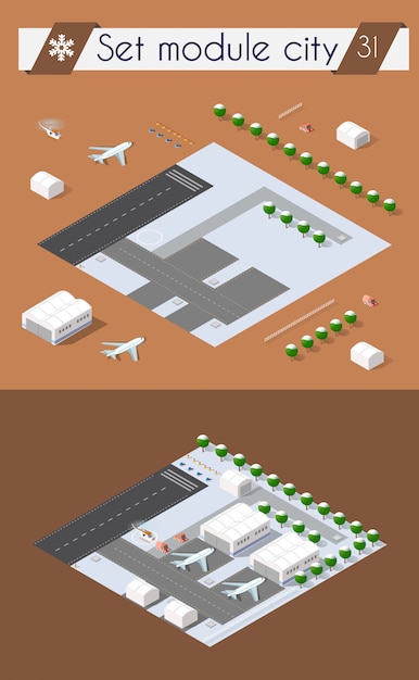 Isometric City Airport Module with Buildings and Planes | Jiffy Designs