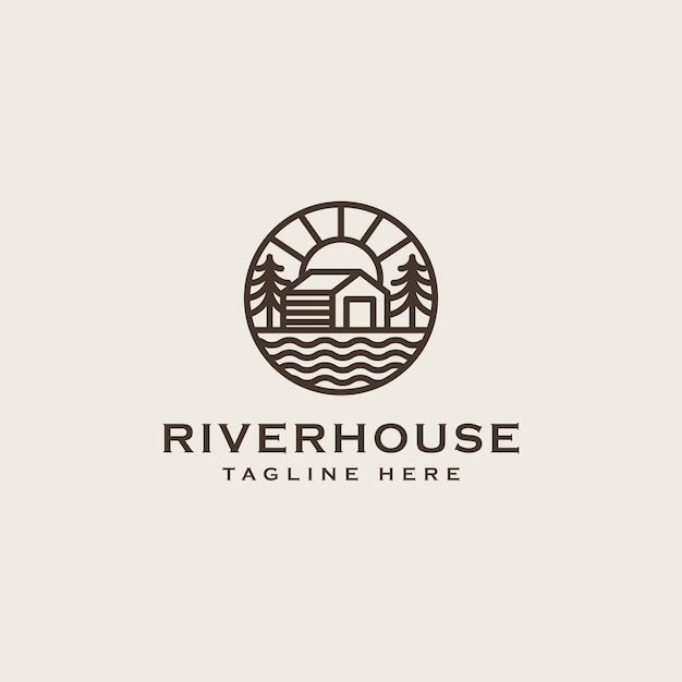 Rustic Riverside Retreat: Cozy Cabin Landscape Logo | Jiffy Designs
