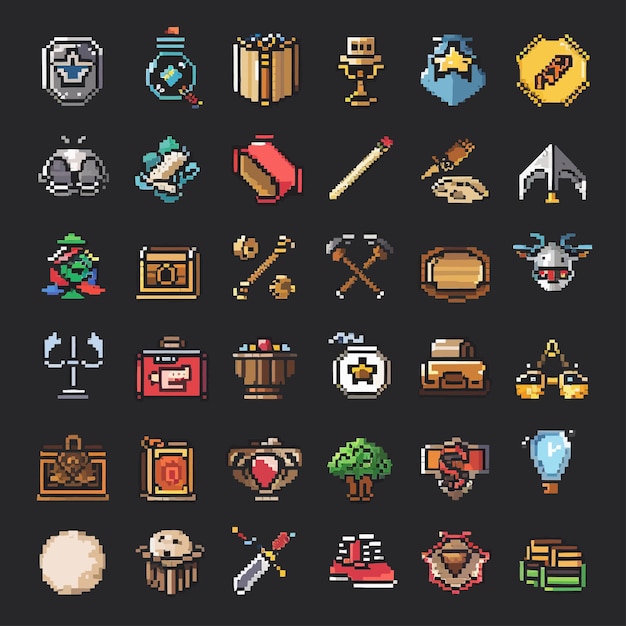Vibrant Pixel Art Collection of Diverse Adventure Symbols and Icons ...