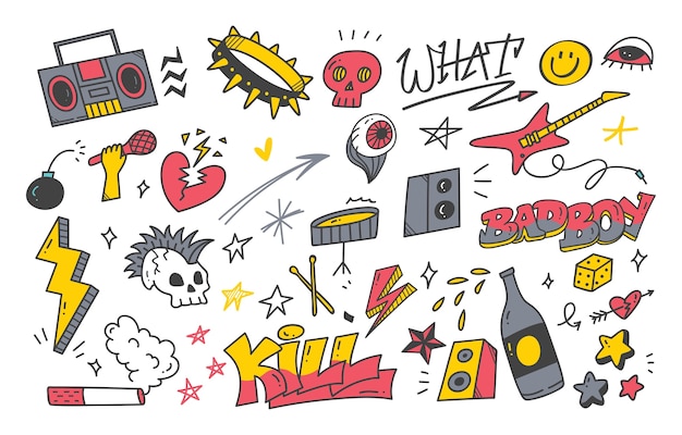 Energetic Collection of Vibrant Punk Rock Doodles and Symbols | Jiffy ...