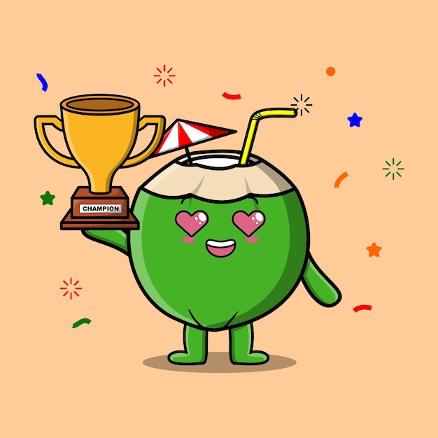 Triumphant Green Coconut Holding a Golden Trophy | Jiffy Designs