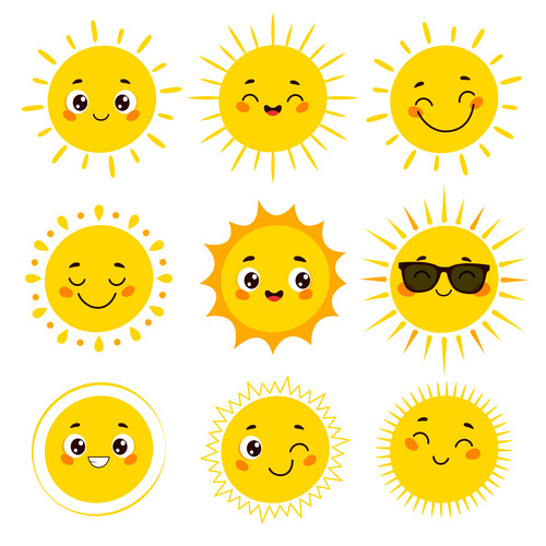 Cute Cartoon Sun Emoji Collection. Sunny Smiling Faces Vector Set ...