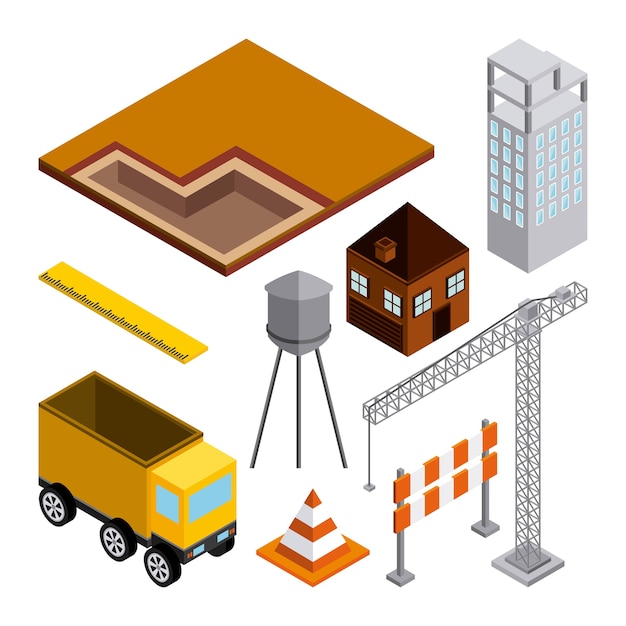 Isometric Construction Elements Illustration: Buildings, Vehicles ...