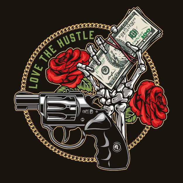 Vintage Revolver with Roses and Dollar Bill Emblem | Jiffy Designs